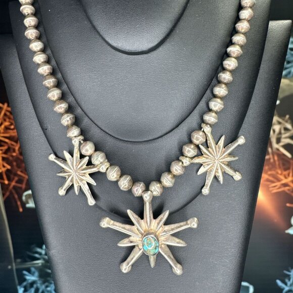 Unknown | Jewelry | 4 Silver Bead Necklace Turquoise Starburst Pendant ...